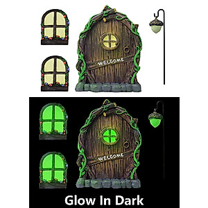 SONSIL Resin Miniature Fairy Gnome Home Windows and Welcome Door with Fairy Lantern,Glow in Dark Art Sculpture for Trees Outdoor Indoor Garden Yard Wall Decorations