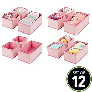 mDesign Fabric Drawer Divider Organizer Bins, Nursery/Bedroom Dresser, Closet, Shelf, Playroom Organization, Hold Clothes, Toys, Diapers, Bibs, Lido Collection, Set of 3, 4 Pack, Pink Herringbone