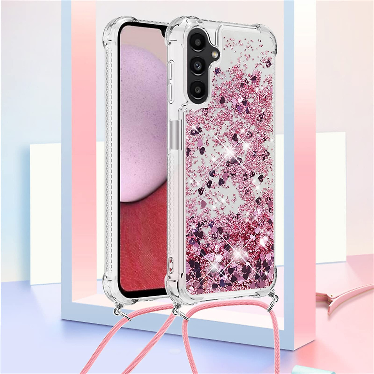 Ephoou Glitter Case for Samsung Galaxy A14 with Adjustable Lanyard Neck Strap, Sparkle Transparent Quicksand Waterfall Soft TPU Liquid Cover for Samsung Galaxy A14 4G/ 5G LSGS-Rose Gold