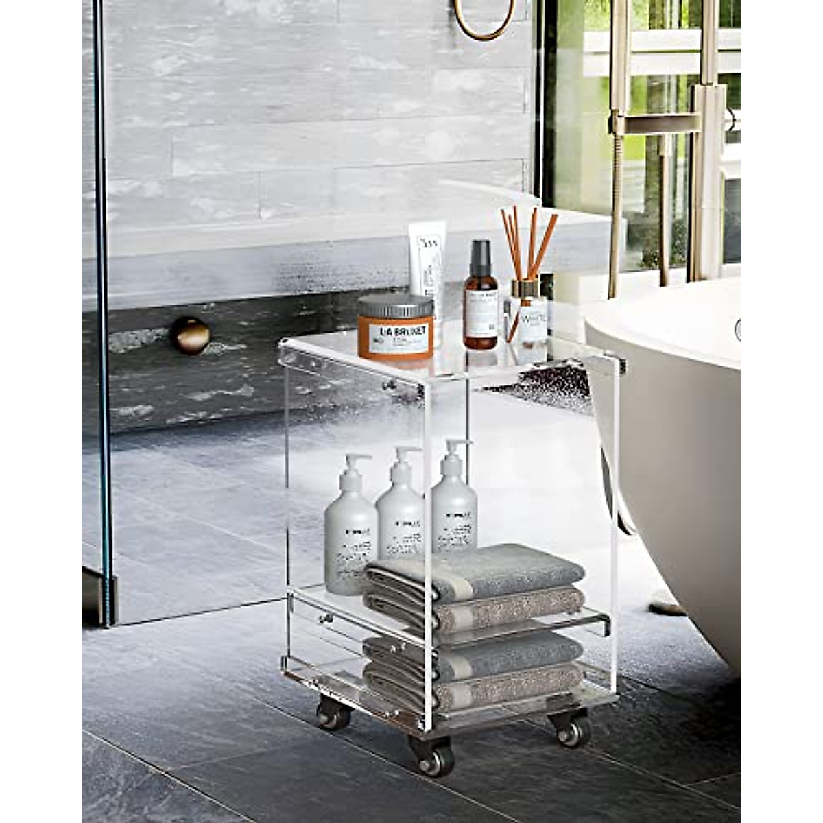 KSacry Acrylic Rolling Cart for Small Space,Mobile End Table with Two Tier Rolling Cart,Acrylic Nightstand/Bedside Table for Living Room, Bedroom (12.6" L × 11.8" W × 19" H)