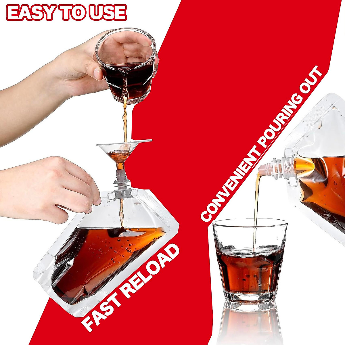 UrDee 20 Pcs Drinking Flasks, Drink Pouches for Adults Cruise Liquor Flask Kit for Travel with Funnel Concealable and Reusable Rum Runner Juice Travel Plastic Liquor Bags for Sneak Drink