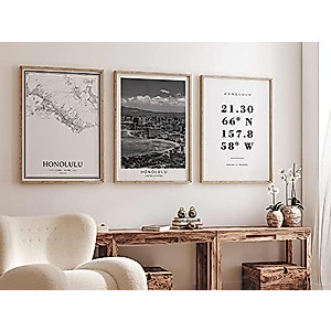 Dear Mapper Honolulu United States View Abstract Road Modern Map Art Minimalist Painting Black and White Canvas Line Art Print Poster Art Line Paintings Home Decor (Set of 3 Unframed) (12x16inch)