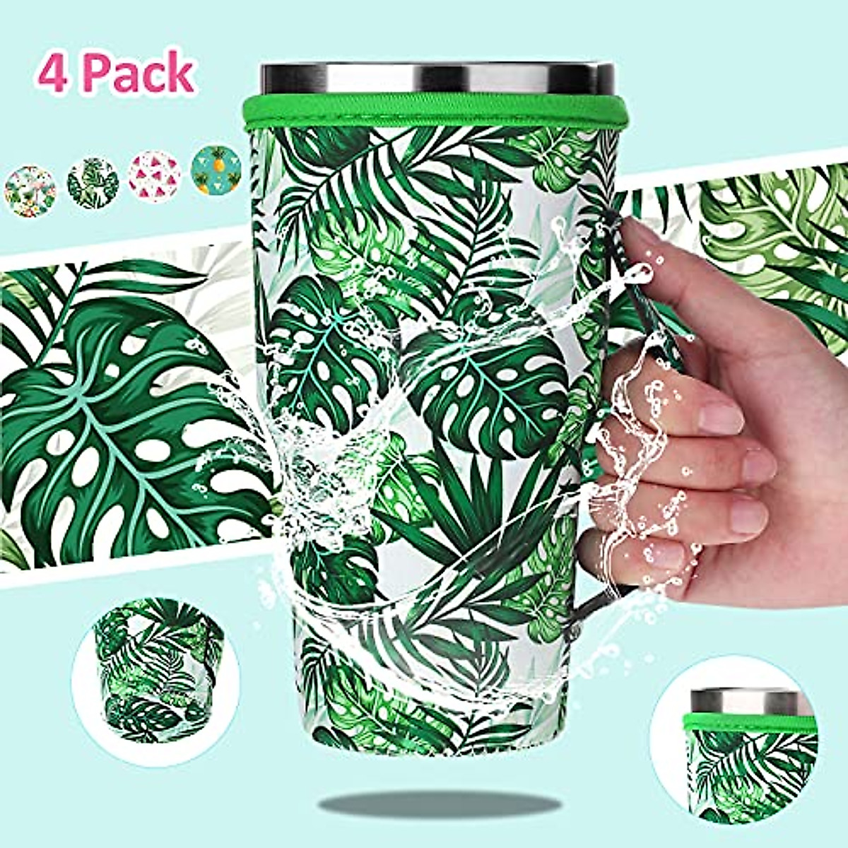 4 Pieces Iced Coffee Cup Sleeves Reusable Neoprene Insulated Sleeves Drink Sleeve Holder with Handle Cup Cover Holder for 30 oz Coffee Beverage Milk Water Cold Hot Drinks, Hawaiian Style