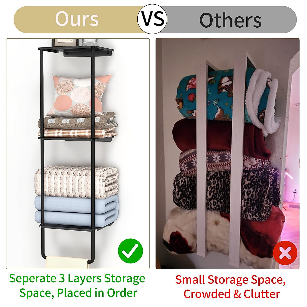 LSK Wall Blanket Holder, 3 Tier Blanket Storage for Living Room, 40 Inch Blanket Wall Rack with Shelves, Towel Blanket Ladder with Blanket Bar for Hanging Small Blankets, Baby Quilts, Matte Black