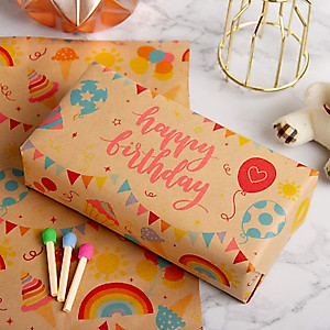 RUSPEPA Kraft Wrapping Paper Roll - Birthday Theme Design Great for Birthday, Party, Baby Shower Wrap - 24 inches X 100 feet