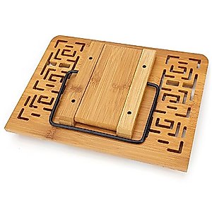 wishacc Bamboo Book Stand Reading Rest Holder Cookbook Cook Stand/Foldable Tablet PC Textbook/Music Document Stand/Desk Bookrest with Retro Hollow Elegant Pattern