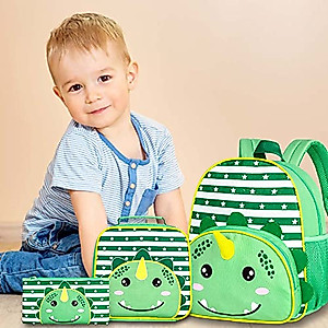 FTJCF 3PCS Toddler Backpack for Boys, 12" Dinosaur Kindergarten Bookbag, Preschool Kids School Bag with Lunch Box - Green