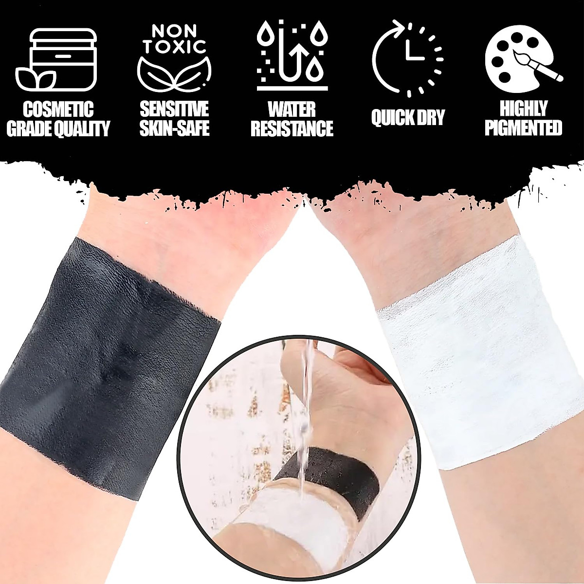 Jim&Gloria Black and White Face Paint + Painting Brush + UV Glow Tattoos, Sweatproof & Water Resistance Paints, Professional Palette Makeup Kit for Halloween SFX Costume Skeleton Clown Joker Mime