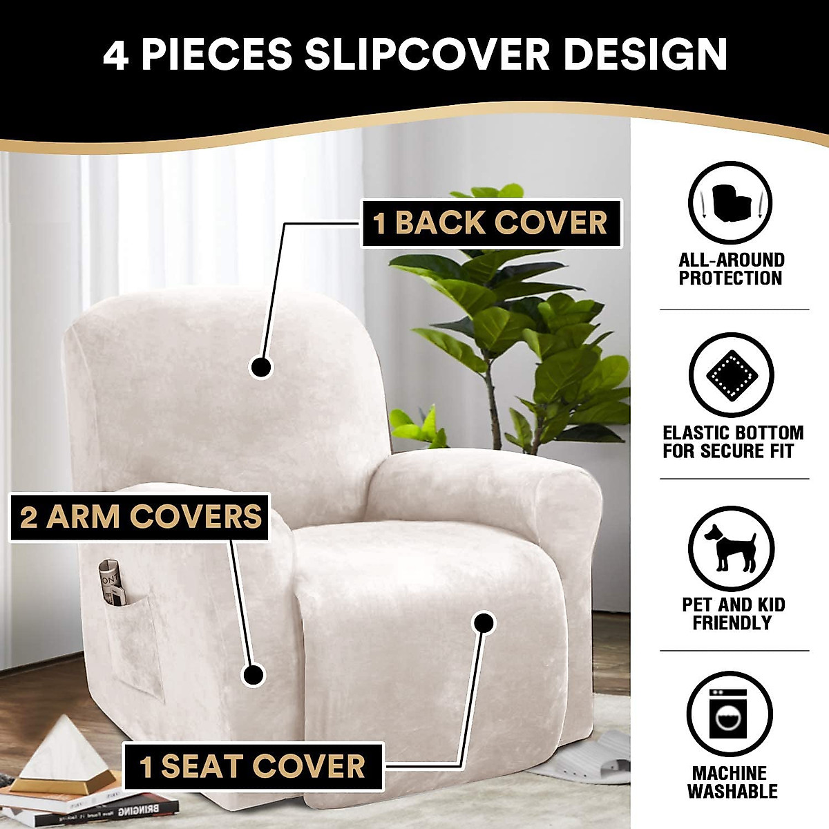 PrinceDeco Recliner Chair Cover Velvet Stretch Recliner Couch Covers 4-Pieces Style Recliner Chair Covers Recliner Cover for Reclining Chair Slipcovers Feature Non Slip Form Fitted Thick Soft, Ivory