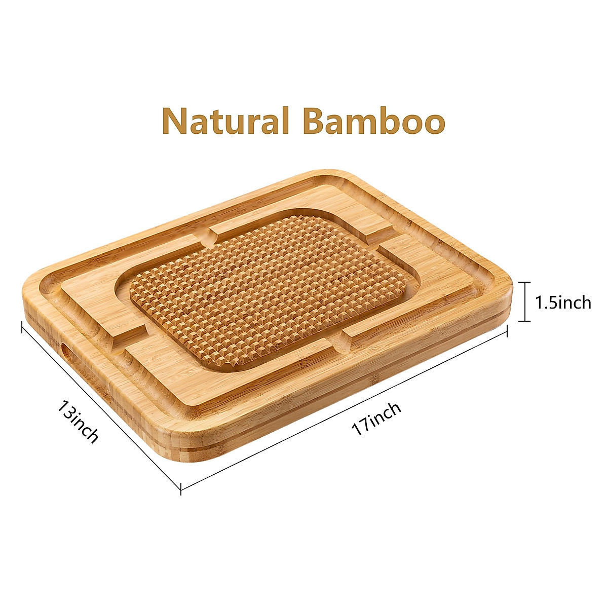 eletecpro Turkey Cutting Board with Grid Grip, Large 17x13x1.5 Inch Bamboo Steak Carving Board, Thick Butcher Block Reversible with Deep Juice Drip Grooves, Thick Serving Tray,Natural