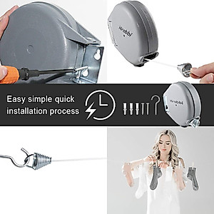 Retractable Clothesline Wall Mounted, Single Extendable Clothes Line Laundry Dryer, Adjustable Heavy Duty Washingline for Indoor Outdoor, Garden, Patio, Laundry - Easy Installation(49FT Grey)