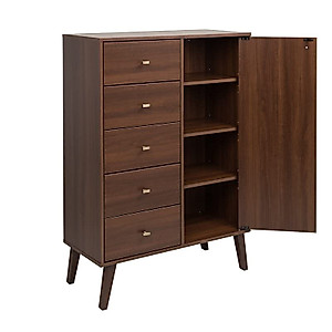 Prepac Milo Mid-Century 5 Drawer Combo Chest with Door, 16" D x 34.5" W x 49" H, Cherry