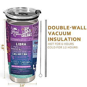 Libra Gifts for Women,Libra Birthday Gifts, Zodiac Libra Tumbler, Astrology Gothic Witchy Gifts, Constellation Insulated Tumbler With Lid Straw Purple Coffee Mug 20 OZ