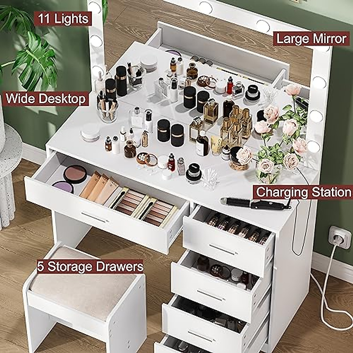 Keehusux Vanity Table with Large Mirror and 3 Color Adjustable Lights, Bedroom Makeup Vanity with Charging Station, Makeup Dressing Table with 5 Drawers for Women, Wife, White KES002WSZT