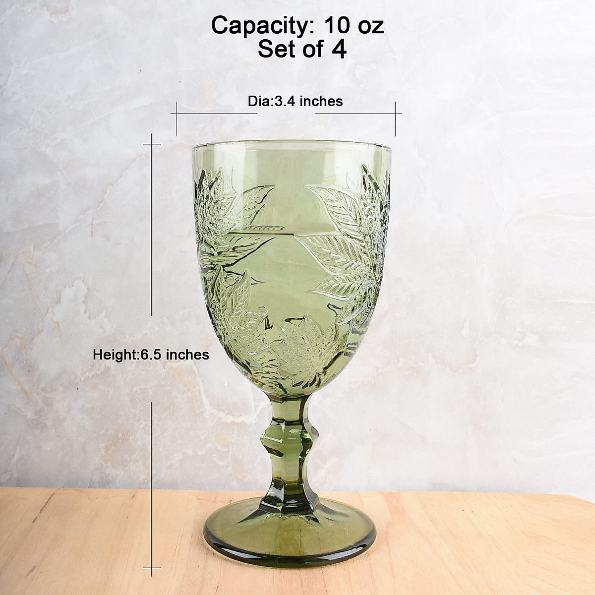 SANHECUN Wine Glasses Set Embossed Vintage Style Goblets 10 oz Green Set of 4(4, Wine Goblet 10 oz)