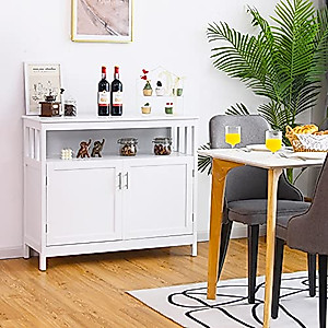 Giantex Kitchen Buffet Sideboard, Wooden Storage Server Cupboard Cabinet, Dining Room Living Room Bar Furniture 2-Door Console Table w/ 5-Position Adjustable Shelf & Open Shelf Drawer Cabinets (White)