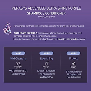Kerasys Advanced Keratin Ceramide Ampoule Clinic for Blonde Hair Ultra Shine Purple 6.7 fl oz / 200 ml (Shampoo + Conditioner Set)