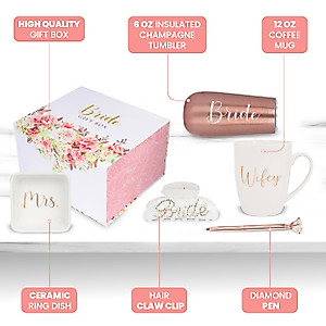 Bride Gift Box - Bride to Be Gift Set for Bridal Shower, Engagement Party, Bachelorette Party, Wedding Shower, or Wedding - Includes Champagne Tumbler, Coffee Mug, Hair Clip, and More in Premium Box