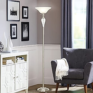 Catalina 72" Traditional Torchiere Floor Lamp Detail Accent and Glass Shades, Brushed Nickel