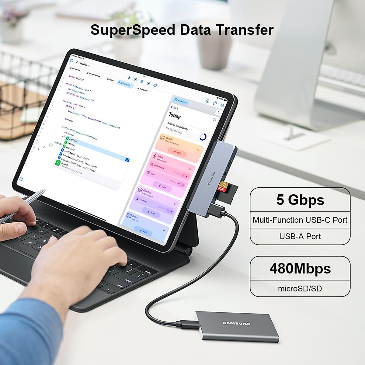 QWIIZLAB USB C Hub, 6-in-1 Adapter with HDMI 4K PD 60W USB 3.0 SD/microSD Card Reader 3.5mm Audio Jack for iPad Pro M1/M2/M4, iPad Air M1/M2, iPad Mini 6