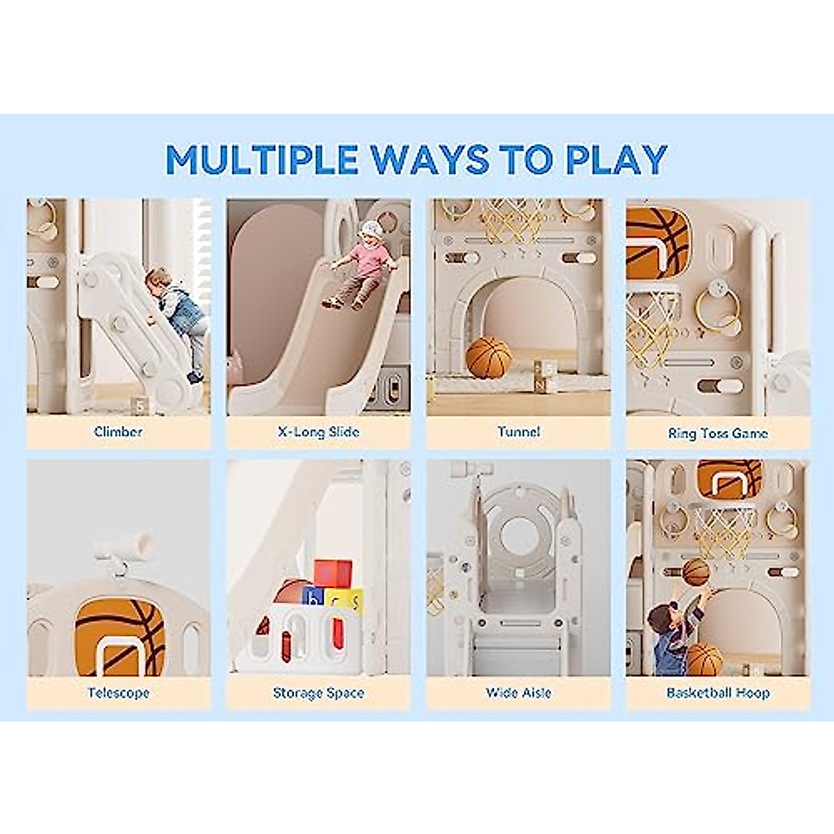 Toddler Slide, 8 in 1 Toddler Indoor Outdoor Playset with Slide, Climber, Basketball Hoop and Ball, Tunnel Crawl, Telescope and Storage Space, Kids Playground Sets for Backyards & Indoor (Coffee)