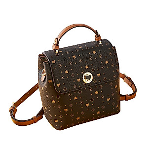 NC FOXER Small Backpack for Women, PVC Artificial Leather Signature Pattern Ladies Crossbody Bags with 2 Adjustable Shoulder Strap (brown)