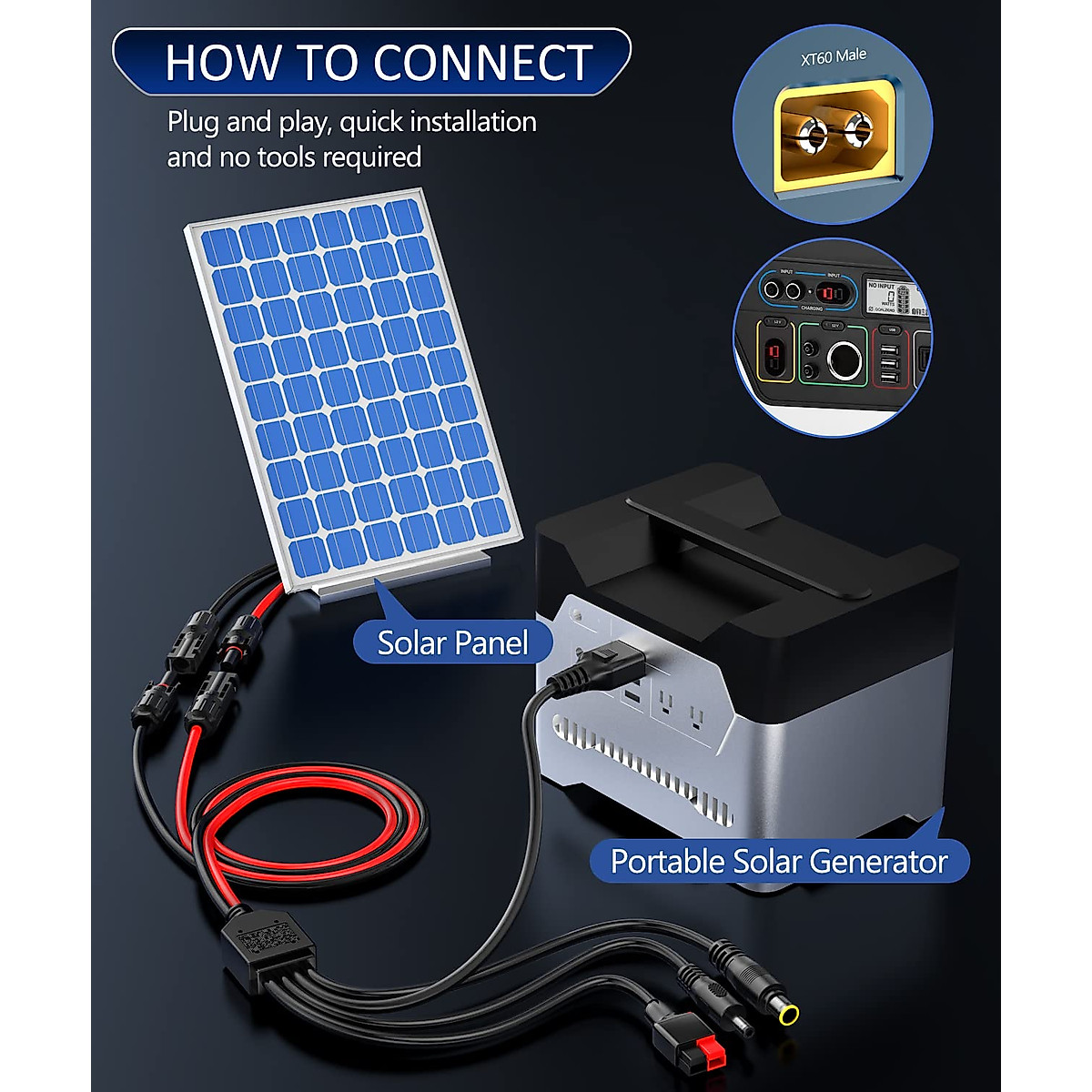 ELECTOP 4-in-1 Solar Panel Connector Extension Cable Splitter, Compatible with Anderson Connector DC 8mm 5.5mm Adapter Power Plug XT60 Female Connector Charger Solar Connectors Parallel Adapter Cable