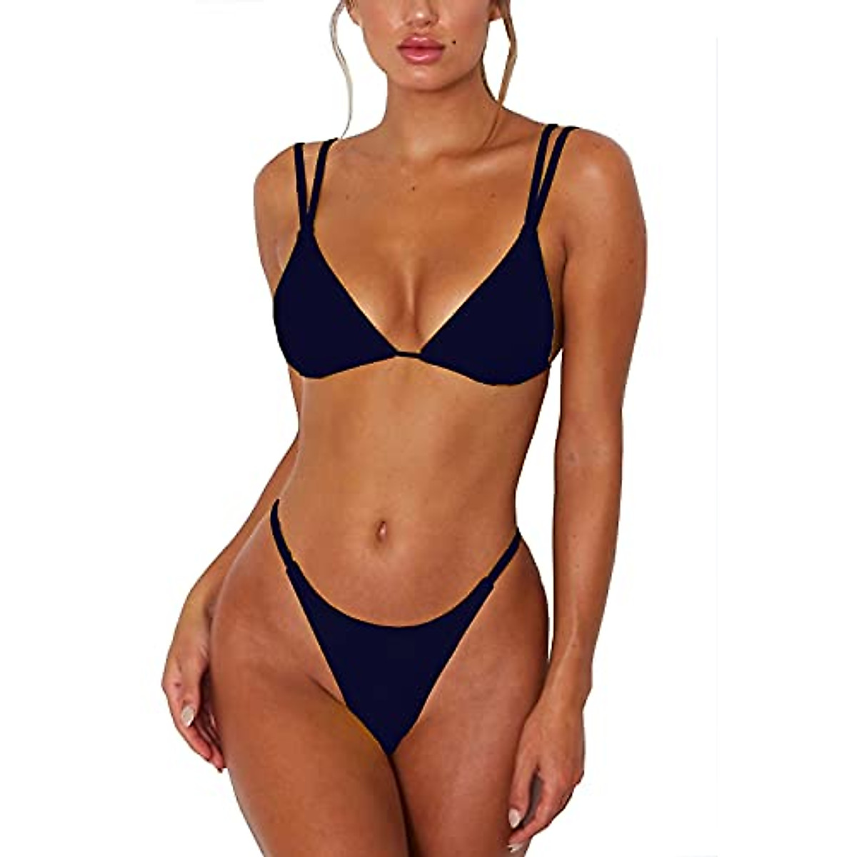 ForBeautyShe Women Black Bikini Set Solid Padded Push Up Triangle High Cut Thong Two Piece Swimsuit M