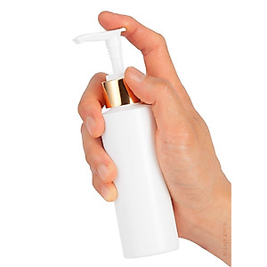 JUVITUS 4 oz / 120 ml White Plastic HDPE Refillable Cylinder Squeeze Bottle with Gold Lotion Pump (6 Pack)