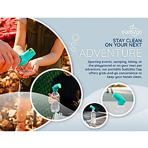 Suds2Go Refillable Caps, 2 Pack - Universal Fit Turns Most Disposable Water Bottles Into A Hand Washing Station - Includes Refillable Soap Reservoir - Conveniently Sized to Take on The Go - Teal