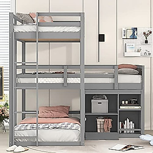 Eafurn L-Shaped Bunk Beds for 3,Twin Size Triple Bunk Beds with Storage Cabinet and Blackboard,Solid Wood Floor Bunk Bed for Kids Teens Adults