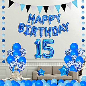 Succris 15TH Blue Theme for 15 Years Old Birthday Party Supplies Blue Happy Birthday Banner Blue Circle Dots Garland Paper Hanging Triangle Flag Banner Confetti balloons Number 15 Blue