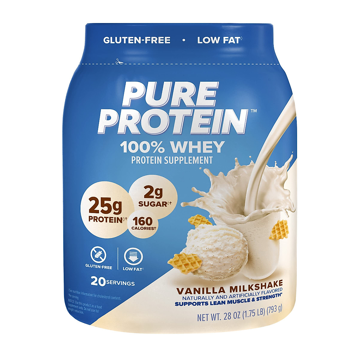 Whey Protein Powder by Pure Protein, Gluten Free, Vanilla Cream, 1.75 Lbs
