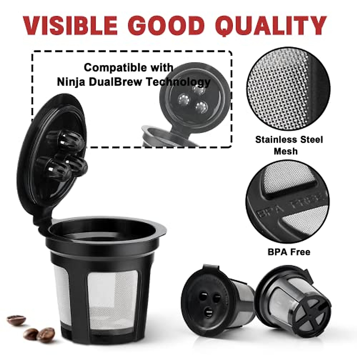 Reusable Coffee Pods Compatible with Ninja DualBrew Coffee Maker, 4 Pack Reusable K Pod Permanent k Cup Coffee Filter Accessories for Ninja CFP301 CFP201 CFP307 Dual Brew Pro