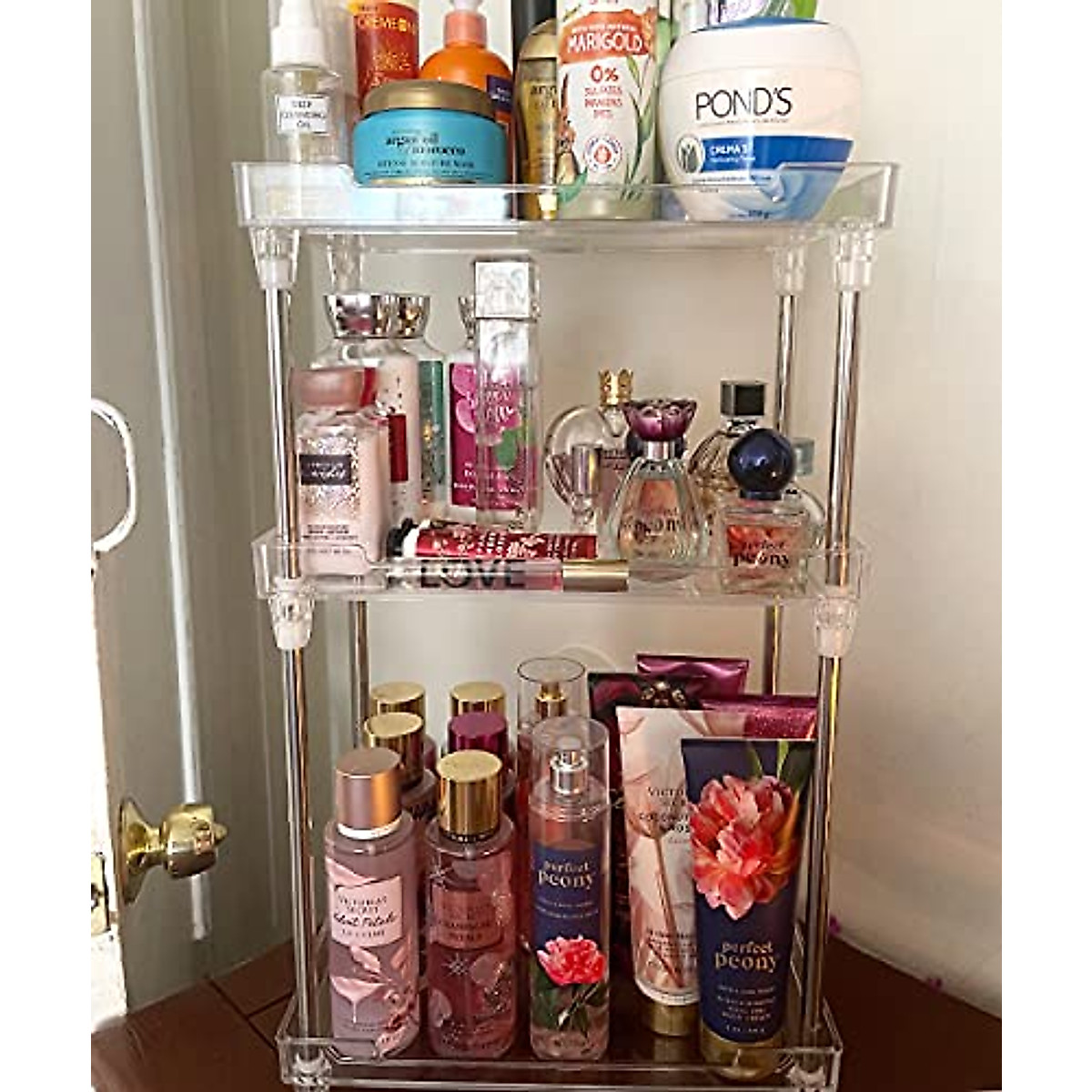 Bathroom Organizer Countertop, 3-Tire Skincare Organizers Vanity Tray Corner Shelf for Makeup Cosmetic Perfume, Multi-Functional Acrylic Organizer in Vanity Dresser Bathroom Kitchen Living Room etc.