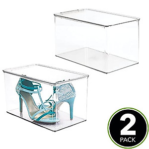 mDesign Stackable Plastic Closet Storage Container Bin Box with Hinge Lid for Organizing Shoes, Booties, Pumps, Sandals, Wedges, Flats, Heels - Lumiere Collection - 2 Pack - Clear