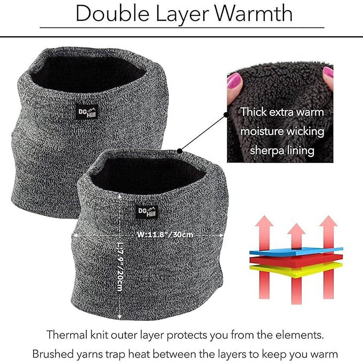 DG Hill Neck Warmer Men Women - 2 Pack Winter Face Mask Thick Thermal - Neck Gaiter Cold Weather Fleece Lined Ski