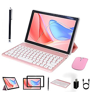 Tablet 10 Inch Android Tablets, 2 in 1 Tablet With Keyboard 64GB+4GB RAM 10.1" Tablets, 8MP Camera 6000mAh Battery, Include Keyboard/Mouse/ Case/ Stylus Pen/Tempered Film Wifi Tab Pink/Girl Tablet PC