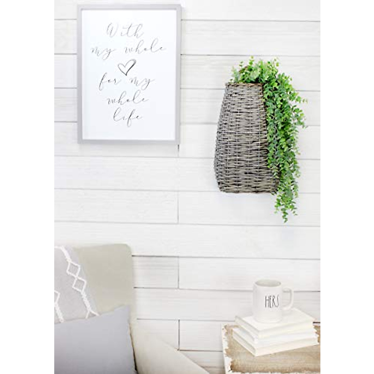 AuldHome Wall Hanging Pocket Basket; Woven Wicker Rustic Farmhouse Gray Washed Long Basket; 17 x 9 x 5 Inches