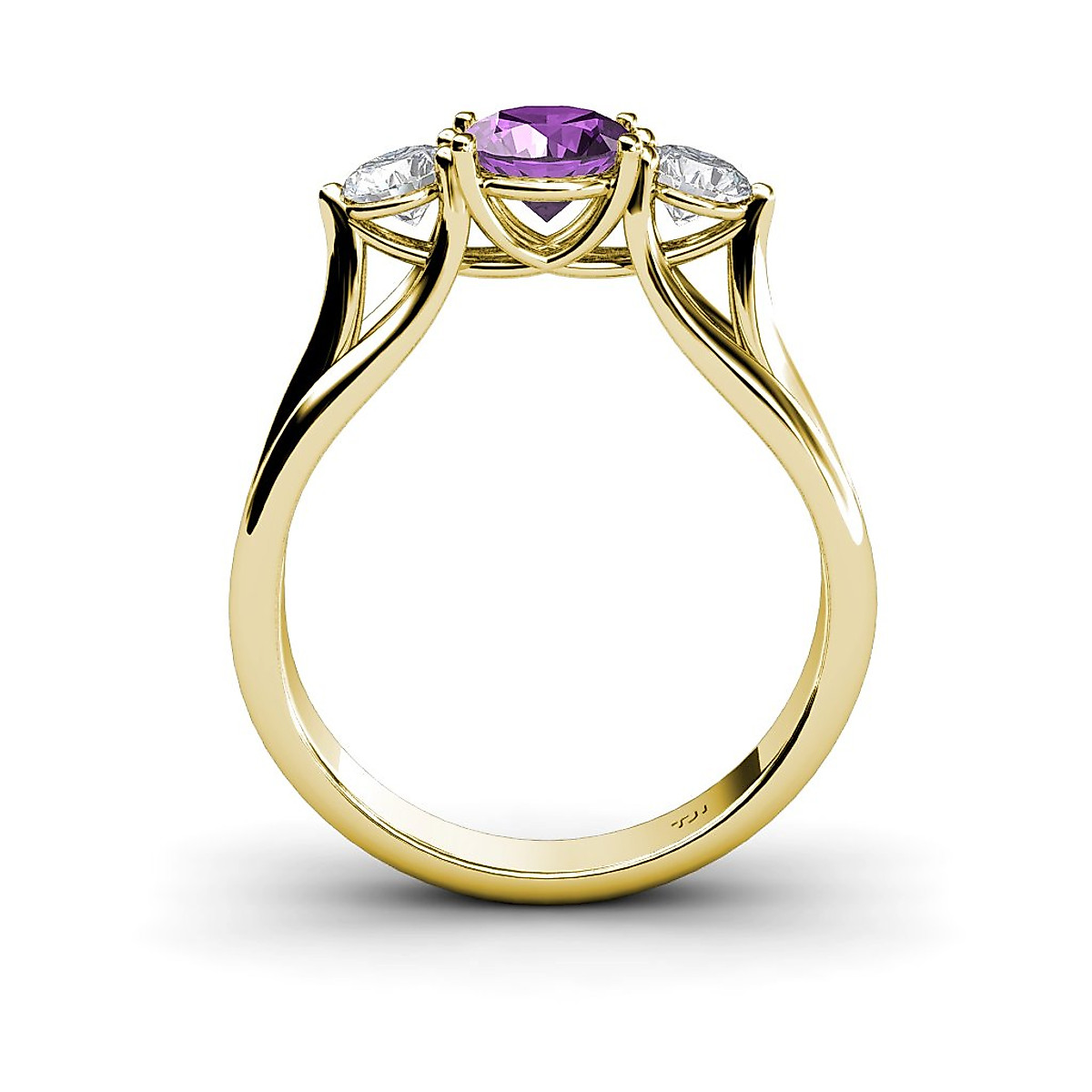 TriJewels Amethyst & White Sapphire 3 Stone Ring with Thick Shank 1.36 ctw 14K Yellow Gold.size 9.0