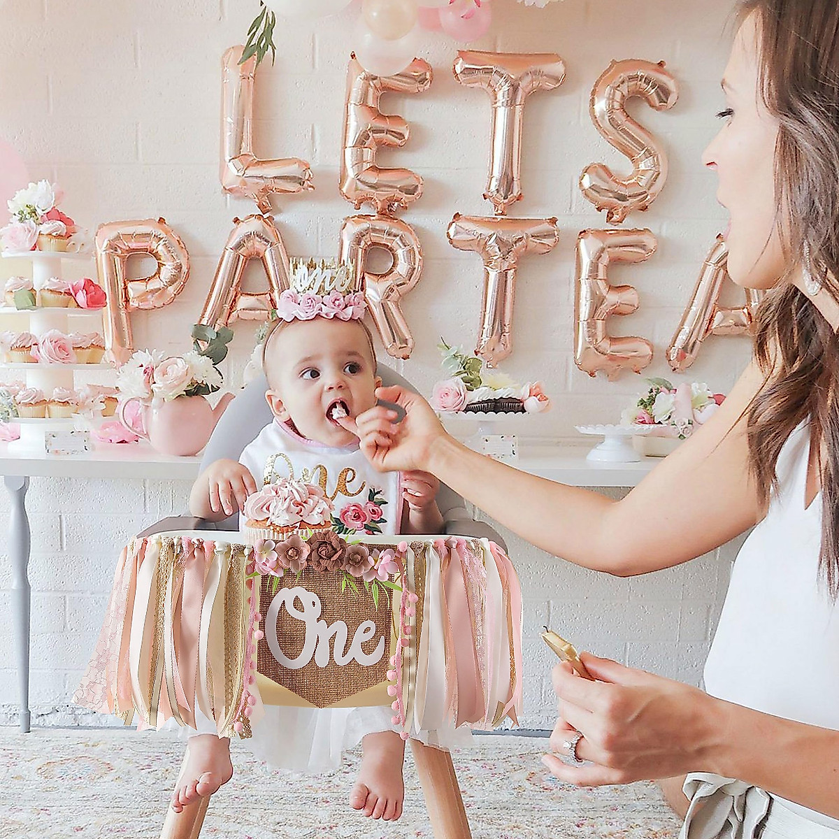 Pink 1st/ First Birthday High Chair Banner For Girls - Floral Tea Party Decoration, Happy Birthday Backdrop For Baby Shower, Floral Birthday Banner, Sweet One Banner, Princess Birthday Decoration,