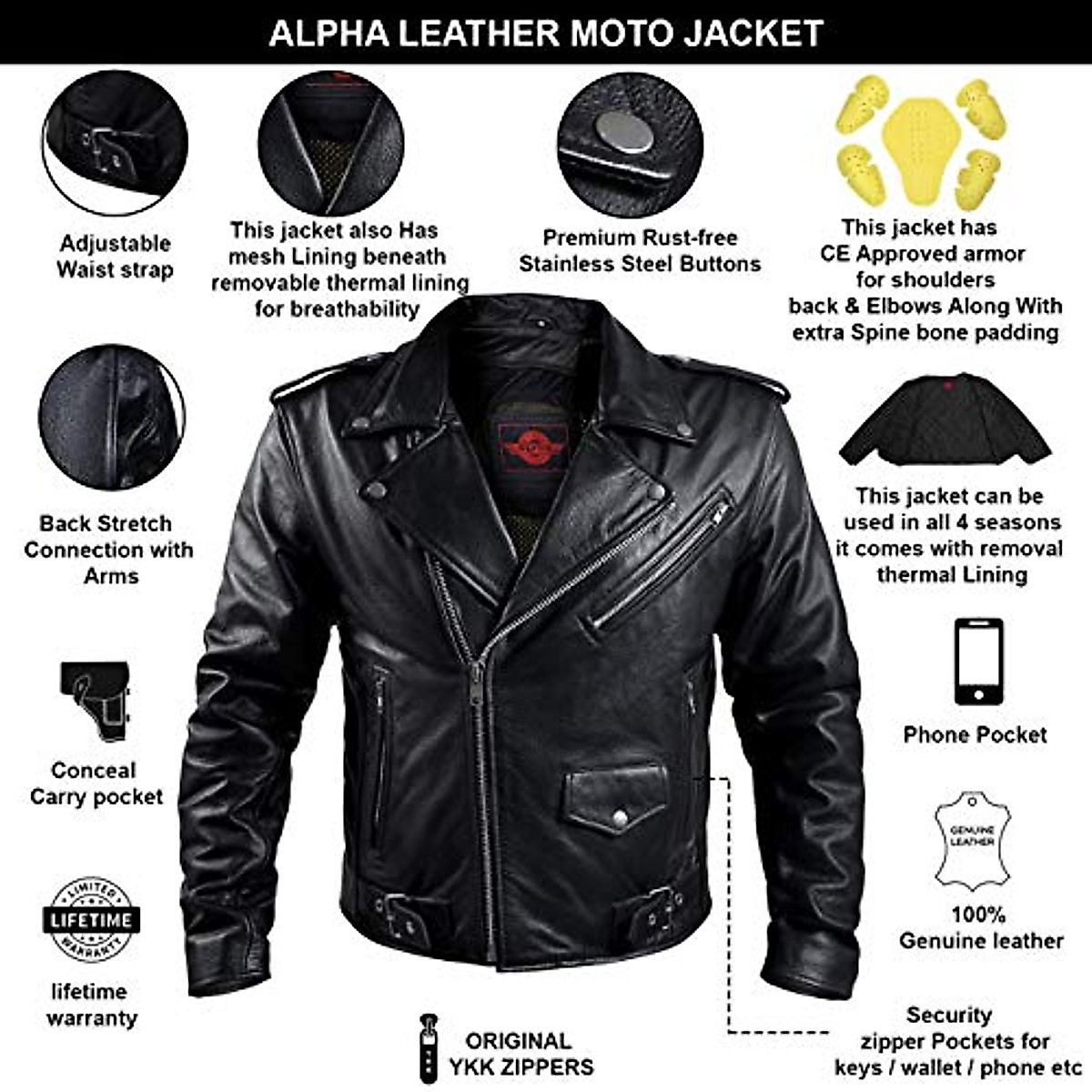 Alpha Black Leather Motorcycle Jacket with Armor for Men - Brando Cafe Racer Biker Jacket Men - 4 Season Riding Jacket with Concealed Carry (CCW), Protective Armor and Black Mesh - 4XL - Black