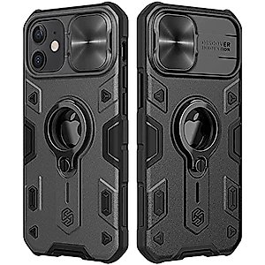 CloudValley Compatible with iPhone 12, 12 Pro Case with Camera Cover & Kickstand, Slide Lens Protector + 360° Rotate Ring Stand, Black Armor Style, Impact-Resistant, Shockproof, Protective Bumper