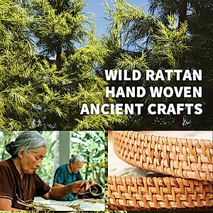 Tynulox 11.8" Rattan Tray with Mother of Pearl Inlay Wooden Base | Round Woven Wicker Tray | Coffee Table Tray for Storage Display Bread Fruit Breakfest