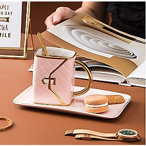 Anvirtue Handbag-Shaped Creative Ceramic Mug With Saucer Porcelain Tray & Spoon for Coffee, Hot Chocolate, Cappuccino, and Latte Breakfast (PINK)