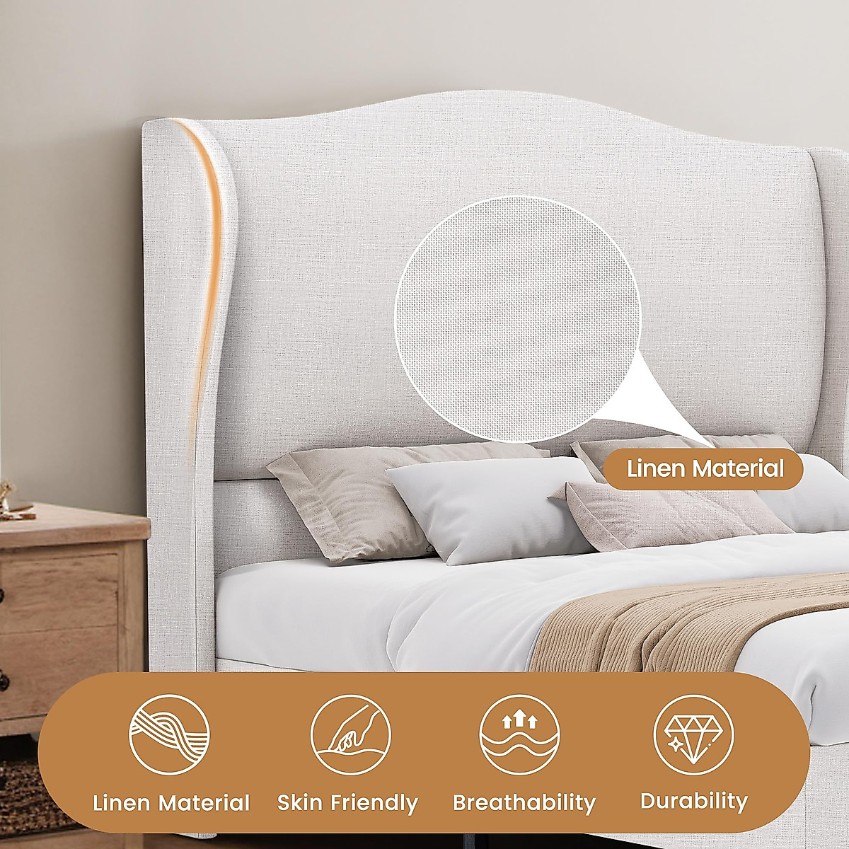 HALLYBEE 51.4" H King Size Bed Frame with Headboard Lined Fabric Upholstered Platform Bed Frame Wingback Design Chic and Elegant Bed Frame No Box Spring Needed, Mattress Foundation, White