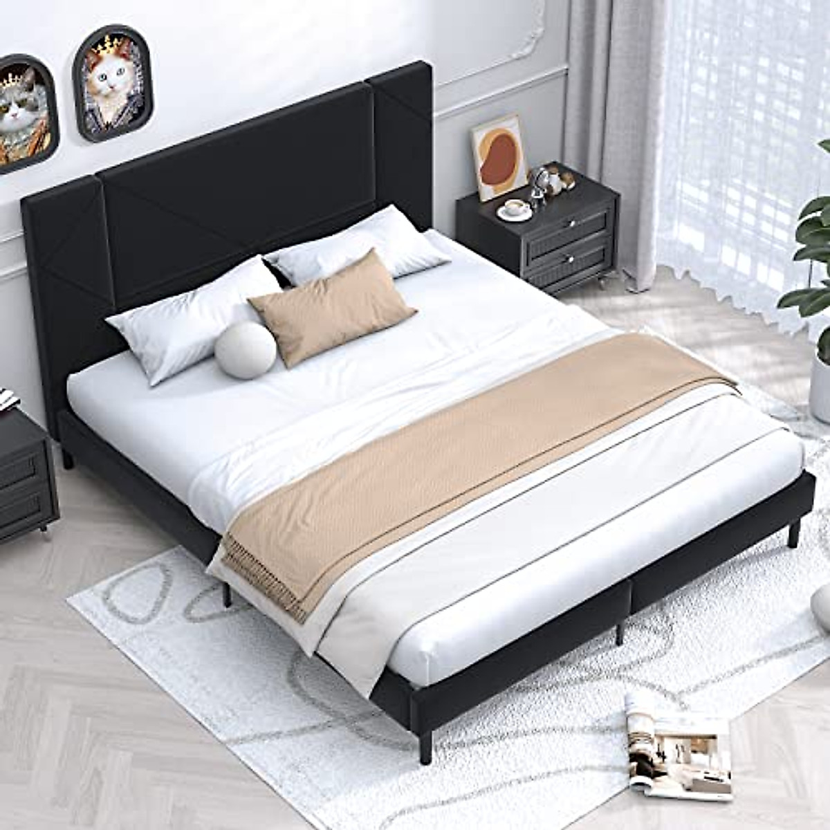 Flolinda Queen Bed Frame Stylish Upholstered Bed Frame Queen Size Platform with Tufted Velvet Headboard Stable Queen Size Bed Frame with 28pcs slats 10 Bed feet Queen Bed Frame no Box Spring Needed