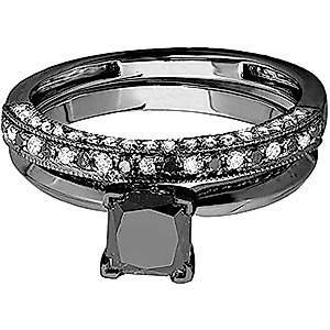 Aryan Jewels 2.30 Ct Princess & Round Cut Black White Diamond Bridal Ring Set Engagement Wedding Band Couple Ring For His & Her 14K Black Gold Finish (9)