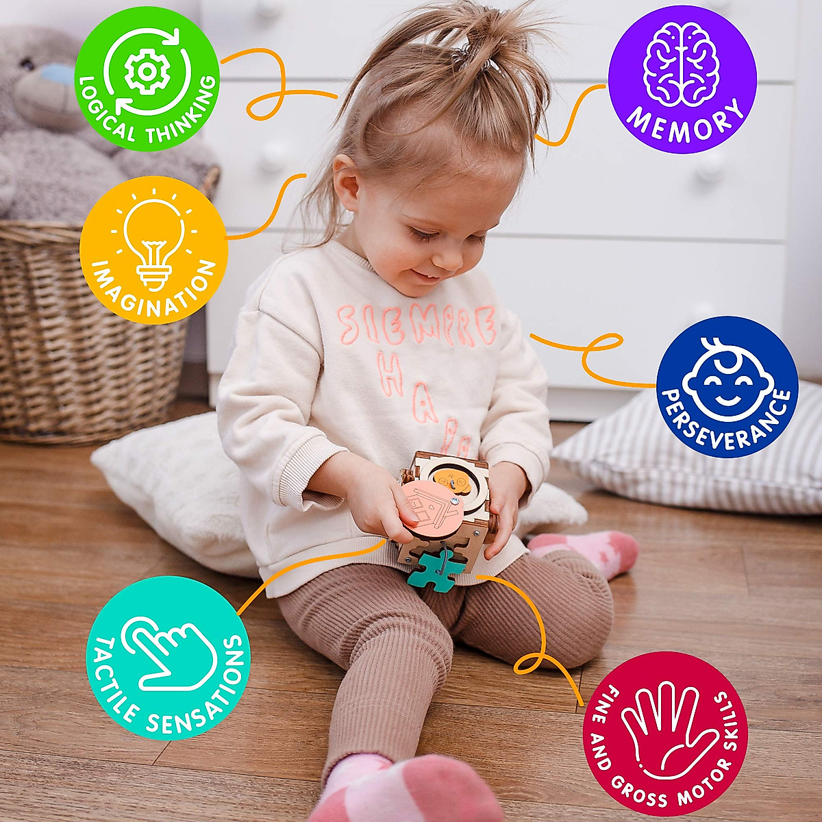 Wooden Activity Cube for Toddlers 1-3 Year - 6in1 Owl Puzzles Maze 3.15 х 3.15 inch - Sensory Busy Board – Travel Car Plane Handmade Fidget Toys – Baby Kids Montessori Activities