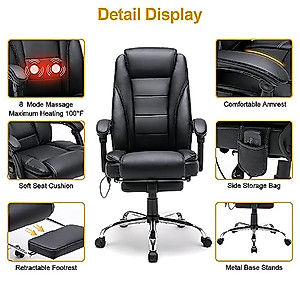 HOMREST Executive Office Chair, Massage Heated Desk Chair with Ergonomic High Back PU Leather Computer Chair with Footrest Lumbar Support for College Dorm (Black)